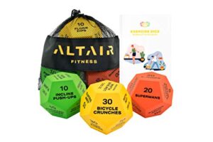 altair exercise dice - full body hiit workout - perfect for home gym bodyweight workout, strength training & cardio, three 12-sided workout dice, illustrations & mesh bag