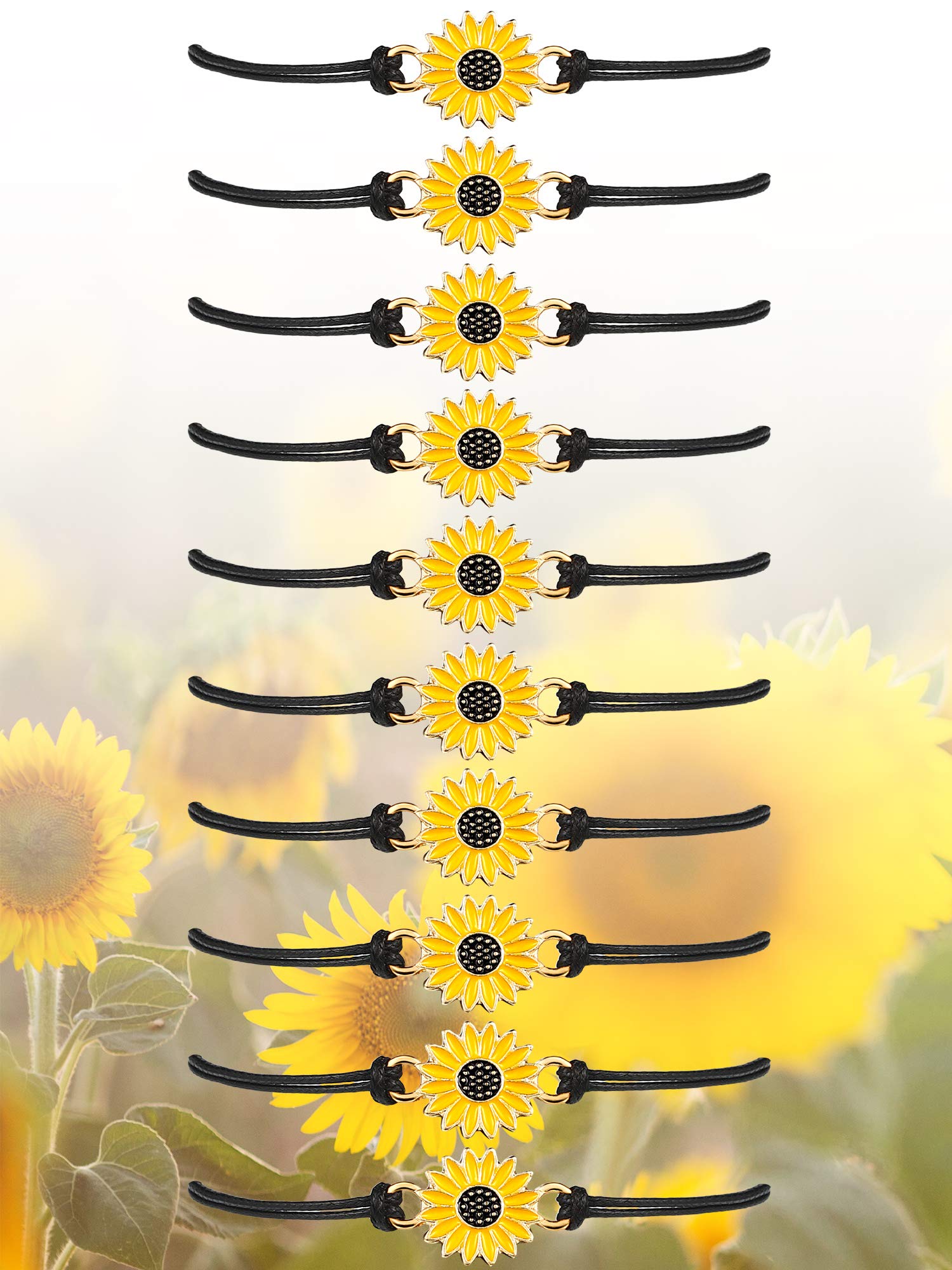 Hicarer 10 Pieces Sunflower Bracelets Handmade Boho Friendship Bracelets Adjustable Braided Rope Cute for Women Teen(Black)