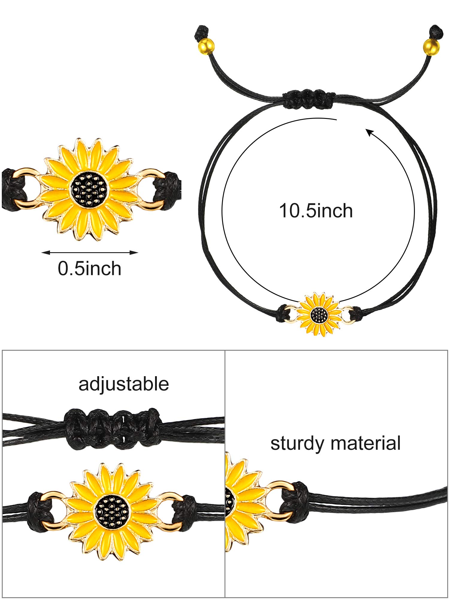 Hicarer 10 Pieces Sunflower Bracelets Handmade Boho Friendship Bracelets Adjustable Braided Rope Cute for Women Teen(Black)