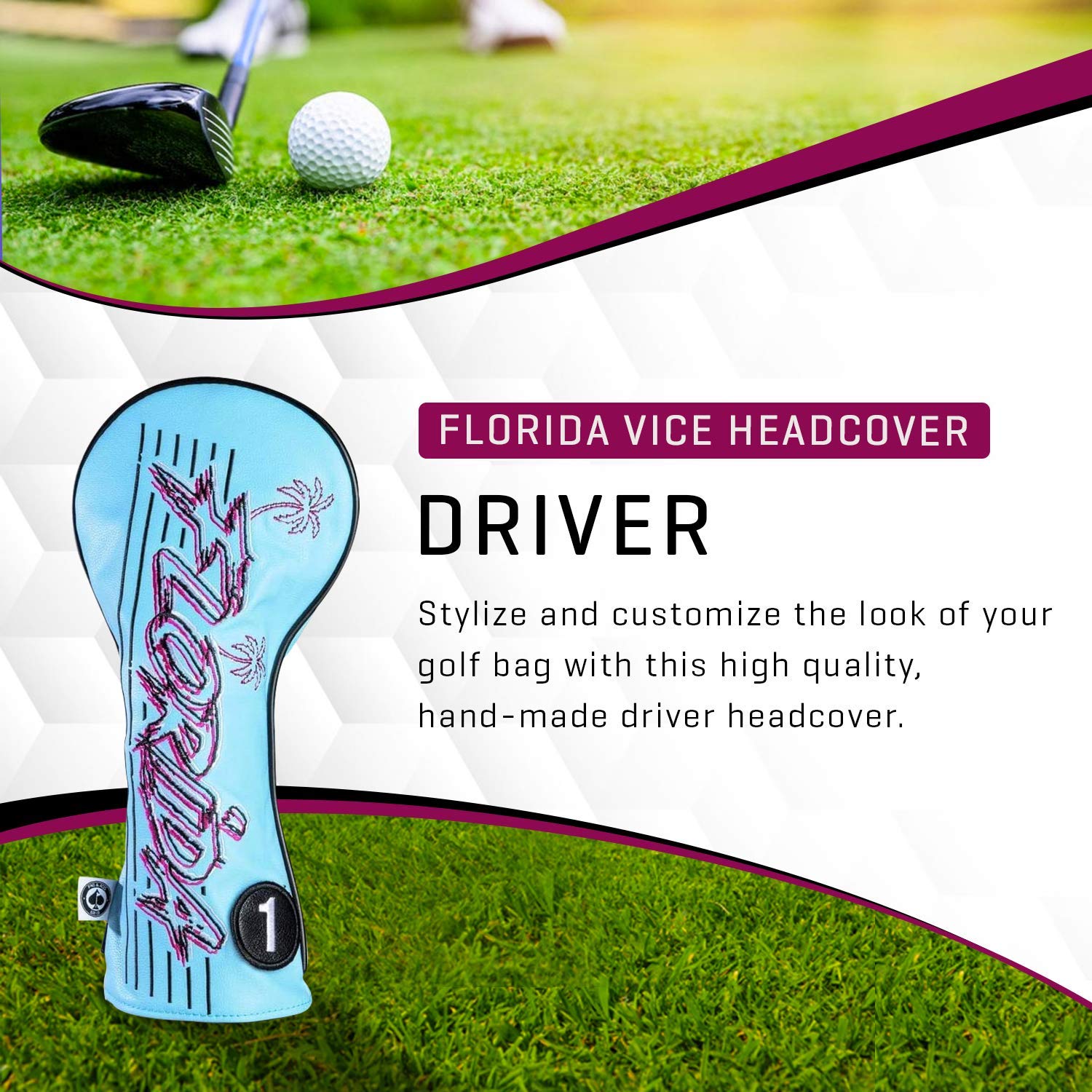 Pins & Aces Golf Co. Florida Driver Wood Head Cover - Premium, Hand-Made Leather 1W Headcover - Vice Styled, Tour Quality Golf Club Cover - Style and Customize Your Golf Bag (Driver)