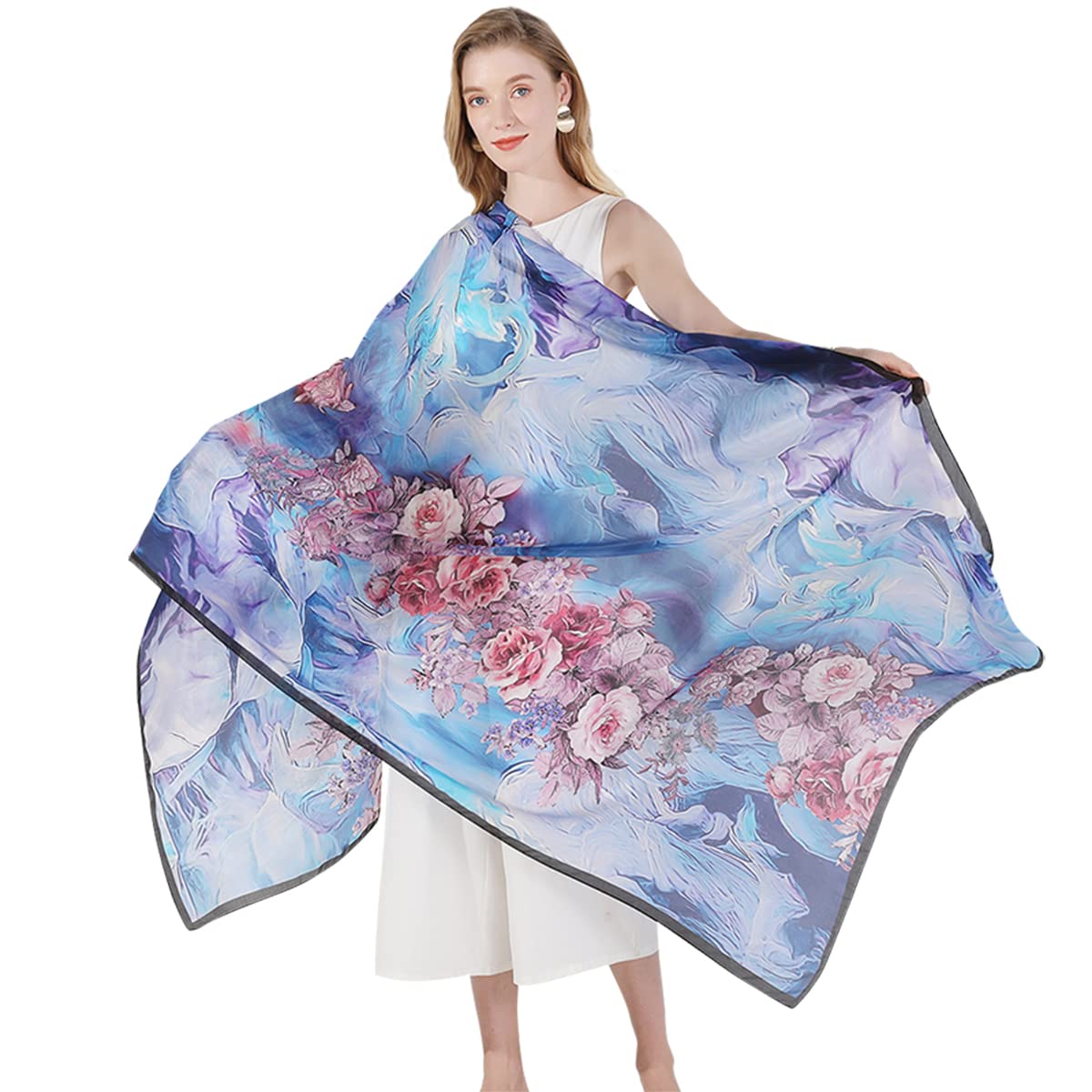 DANA XU 100% Mulberry Satin Silk Summer Travel Scarf Extra Large Women Floral Shawl Oversize Soft Wraps For Evening Dresses