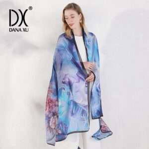 DANA XU 100% Mulberry Satin Silk Summer Travel Scarf Extra Large Women Floral Shawl Oversize Soft Wraps For Evening Dresses