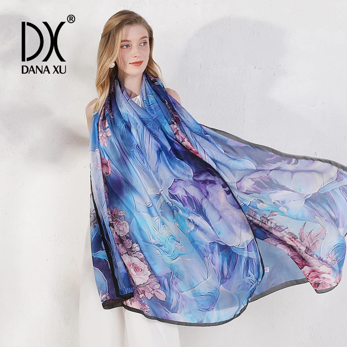 DANA XU 100% Mulberry Satin Silk Summer Travel Scarf Extra Large Women Floral Shawl Oversize Soft Wraps For Evening Dresses