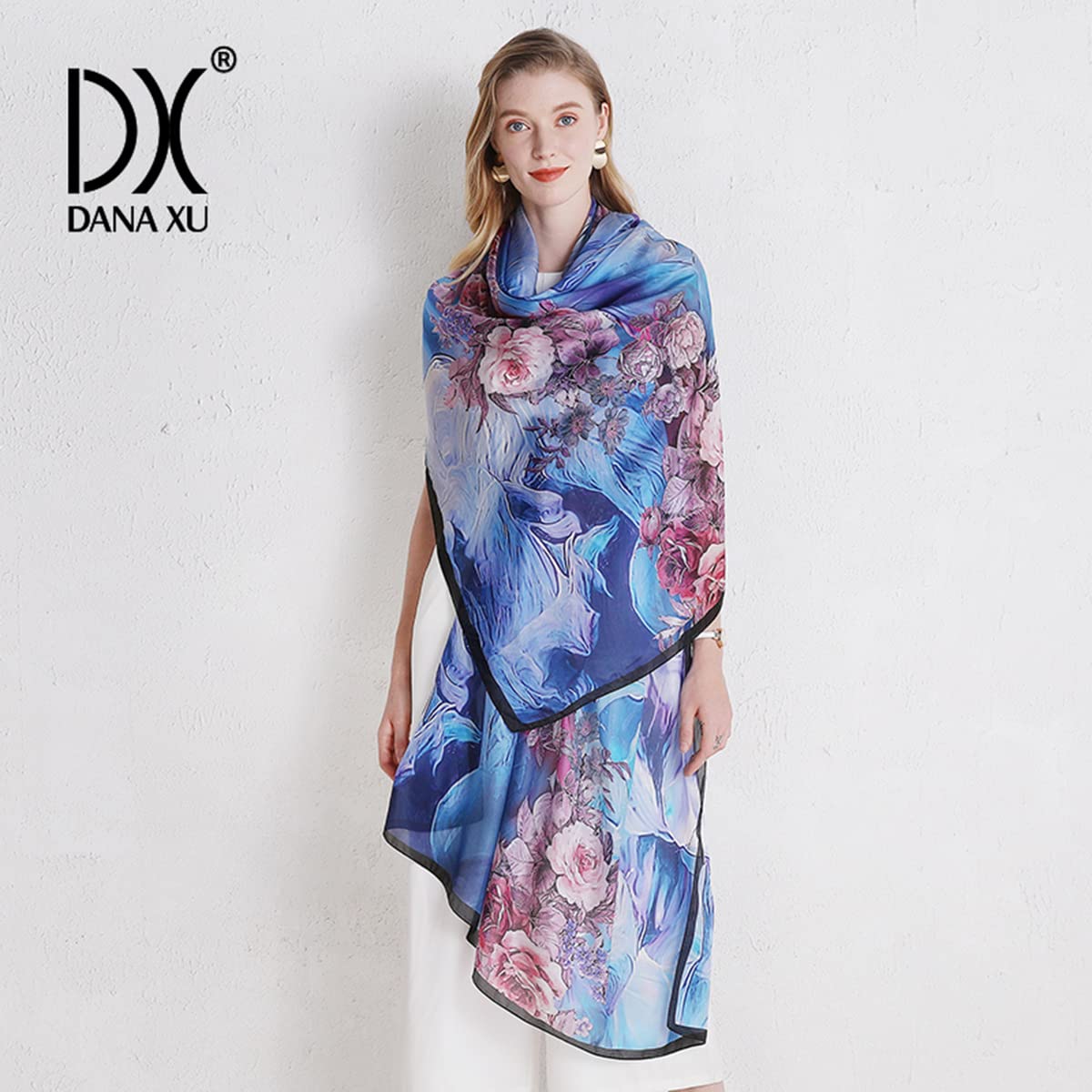 DANA XU 100% Mulberry Satin Silk Summer Travel Scarf Extra Large Women Floral Shawl Oversize Soft Wraps For Evening Dresses