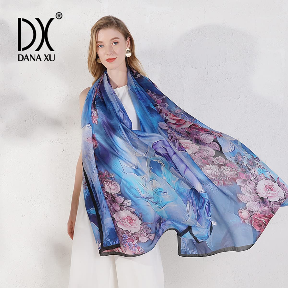 DANA XU 100% Mulberry Satin Silk Summer Travel Scarf Extra Large Women Floral Shawl Oversize Soft Wraps For Evening Dresses