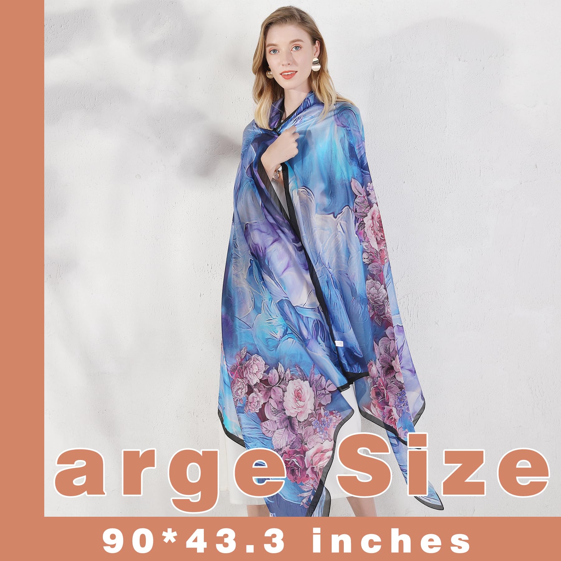 DANA XU 100% Mulberry Satin Silk Summer Travel Scarf Extra Large Women Floral Shawl Oversize Soft Wraps For Evening Dresses