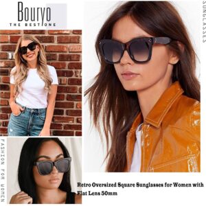 Bouryo Retro Oversized Square Sunglasses for Women Flat Lens Sun Glasses Gradient Shades UV400 (Black+Leopard)