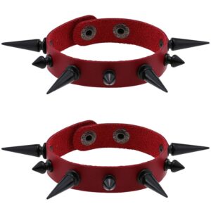 fm fm42 women red pu simulated leather black-tone long and short rivets spike spiked punk gothic adjustable bracelet, pack of 2