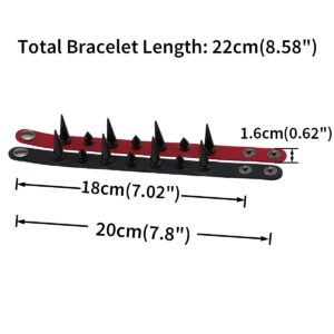 FM FM42 Women Red PU Simulated Leather Black-tone Long and Short Rivets Spike Spiked Punk Gothic Adjustable Bracelet, Pack of 2