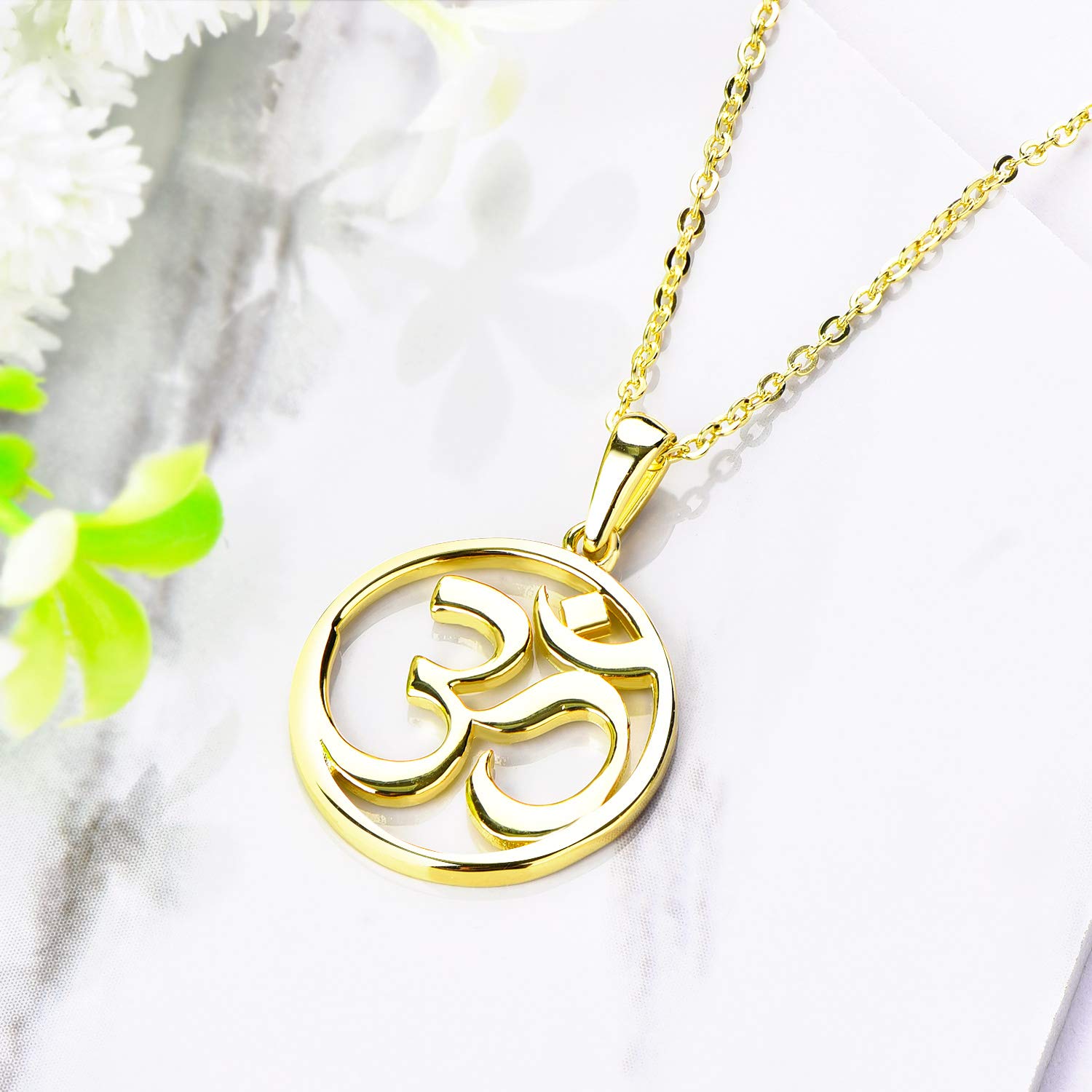 JO WISDOM Women OM Necklace,925 Sterling Silver Indian Yoga Aum Om Ohm Necklace(yellow gold color)