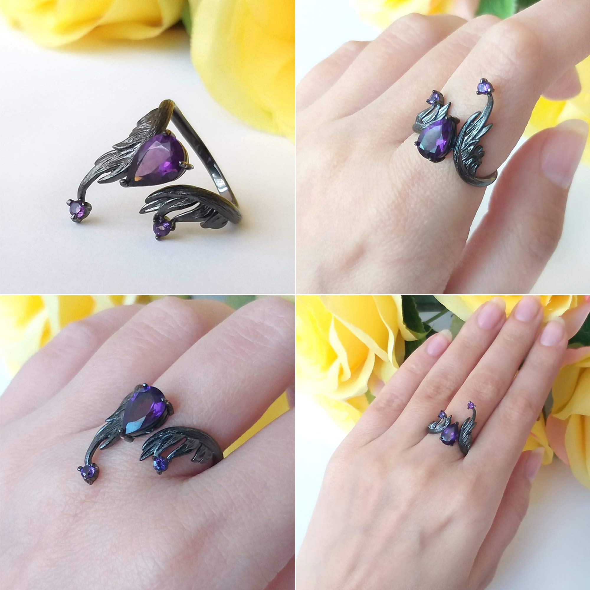 Qitian 1.43Ct Amethyst Rings Angel's Wing Original Handmade Birthstone Ring for Women Birthday Jewelry Gifts Adjustable Open Rings