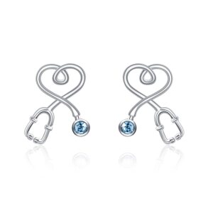 stethoscope earrings 925 sterling silver heart studs earrings 12 months birthstone crystals from austria, graduation jewelry gifts for nurse doctor rn medical student