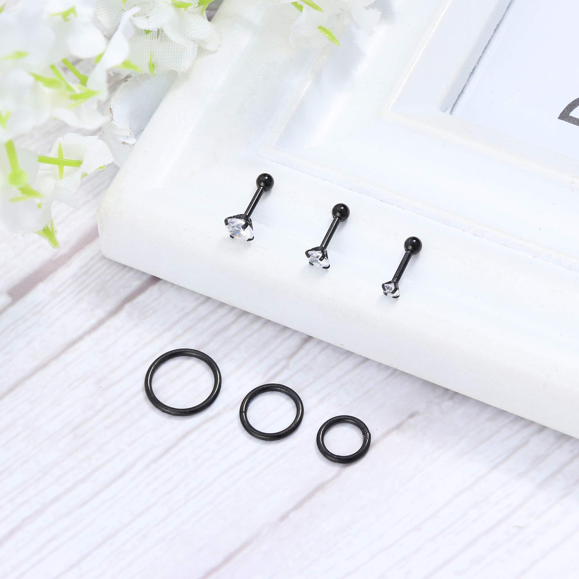 MILACOLATO Cartilage Earring 11Pcs 16G 18G Stainless Steel Cartilage Earrings Stud Hoops Conch Forward Helix Earrings Tragus Daith Piercing CZ Barbell Stud Cartilage Piercing Jewelry for Women of All Ages-black