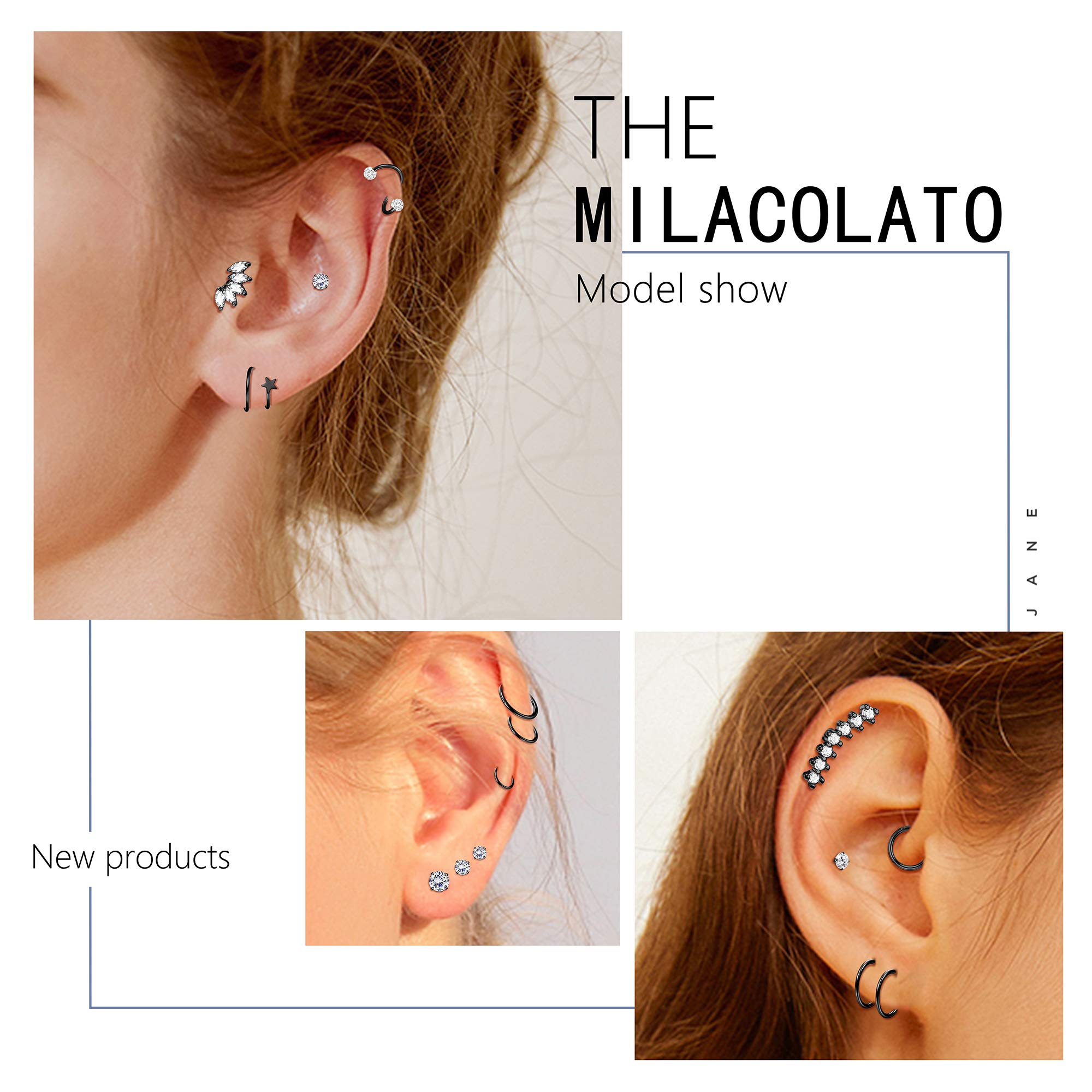 MILACOLATO Cartilage Earring 11Pcs 16G 18G Stainless Steel Cartilage Earrings Stud Hoops Conch Forward Helix Earrings Tragus Daith Piercing CZ Barbell Stud Cartilage Piercing Jewelry for Women of All Ages-black