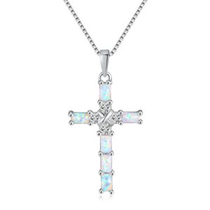 cinily cross pendant necklace opal jewelry for women 18k white gold plated faith hope love pendant jewelry for women teens birthday gifts (white)