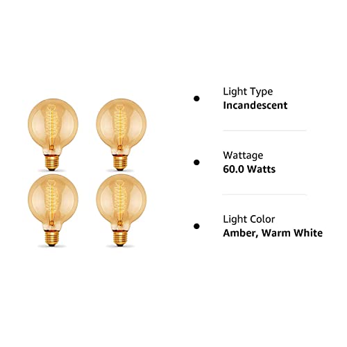 New Lights G25 Globe Edison Bulb, 60W Vintage Round Edison Bulb, Vintage Light Bulb, Old Fashion Dimmable Retro Incandescent Light Bulbs, 2100K Warm White, 240 Lumens,E26, Amber Glass, 4 Pack