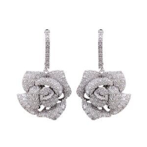 huggie cz flower dangle stud earrings for women girls with charms fashion luxury pave rhinestone filigree camellia rose dainty crystal drop dangling wedding prom jewelry dainty gifts valentine mother's day (clear)