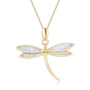 fancime yellow gold plated sterling silver opal dragonfly necklace long chain charm dainty pendant october birthstone jewelry for women 16"+2"