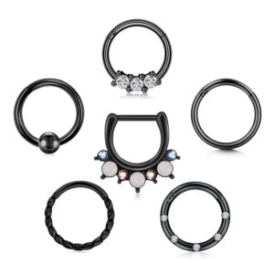 lauritami 16g stainless steel septum clicker piercing jewelry, 6pcs set, black