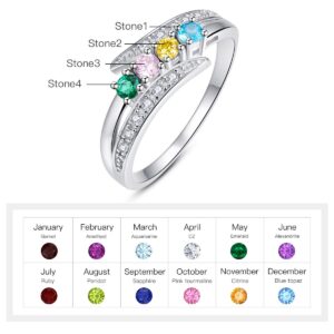 AVECON Sterling Silver Mothers Ring 4 Birthstones 925 Sterling Silver Personalized Promise Rings Customized Rings for Women Size 8