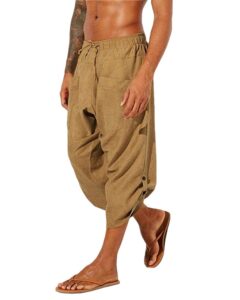 gafeng mens linen harem capri pants drawstring 3/4 shorts casual beach yoga hippie thai pants