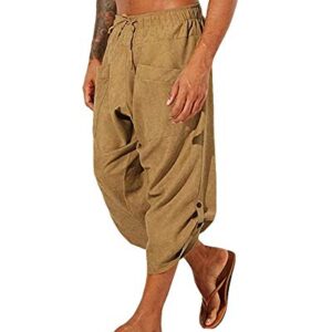 Gafeng Mens Linen Harem Capri Pants Drawstring 3/4 Shorts Casual Beach Yoga Hippie Thai Pants