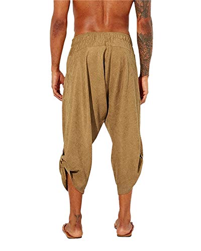 Gafeng Mens Linen Harem Capri Pants Drawstring 3/4 Shorts Casual Beach Yoga Hippie Thai Pants