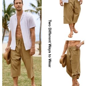 Gafeng Mens Linen Harem Capri Pants Drawstring 3/4 Shorts Casual Beach Yoga Hippie Thai Pants