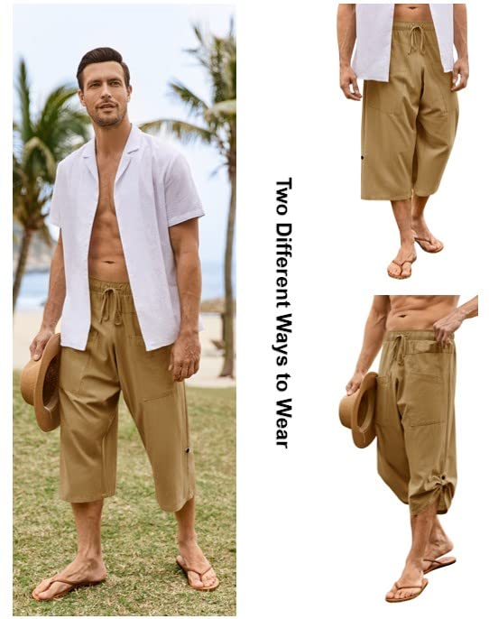 Gafeng Mens Linen Harem Capri Pants Drawstring 3/4 Shorts Casual Beach Yoga Hippie Thai Pants