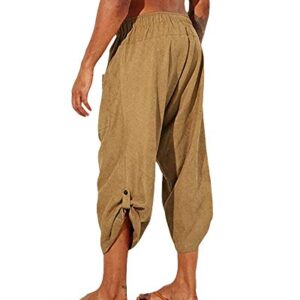 Gafeng Mens Linen Harem Capri Pants Drawstring 3/4 Shorts Casual Beach Yoga Hippie Thai Pants