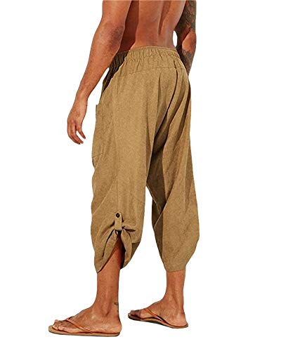 Gafeng Mens Linen Harem Capri Pants Drawstring 3/4 Shorts Casual Beach Yoga Hippie Thai Pants