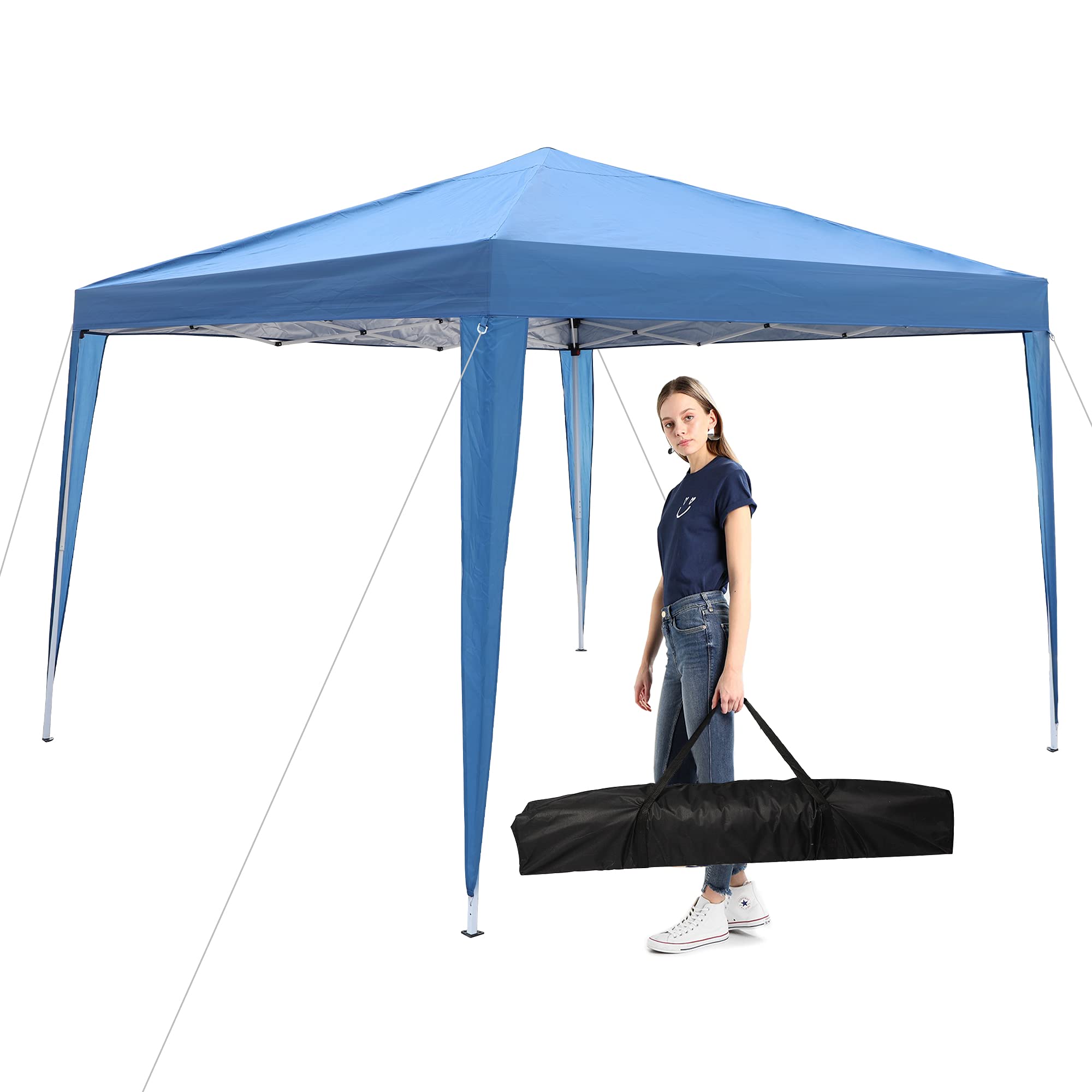 10 x 10 FT Pop Up Canopy Tent, Foldable & Adjustable Height, Stable Steel Frame Easy Set-up Outdoor Tent, Portable Carrying Bag, for Parties, Picnics & Camping, Blue