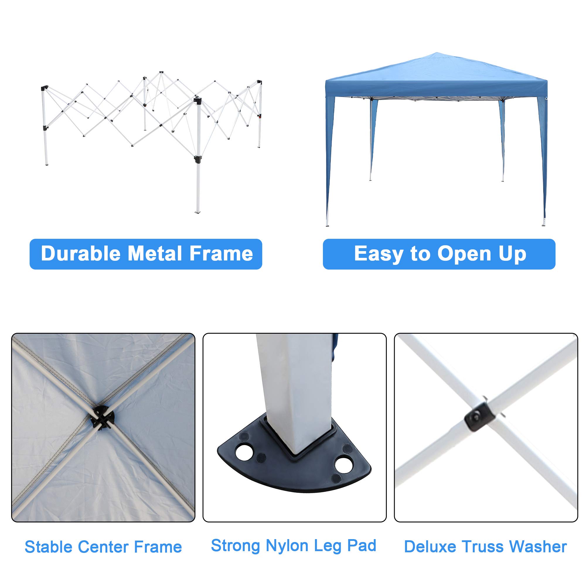 10 x 10 FT Pop Up Canopy Tent, Foldable & Adjustable Height, Stable Steel Frame Easy Set-up Outdoor Tent, Portable Carrying Bag, for Parties, Picnics & Camping, Blue