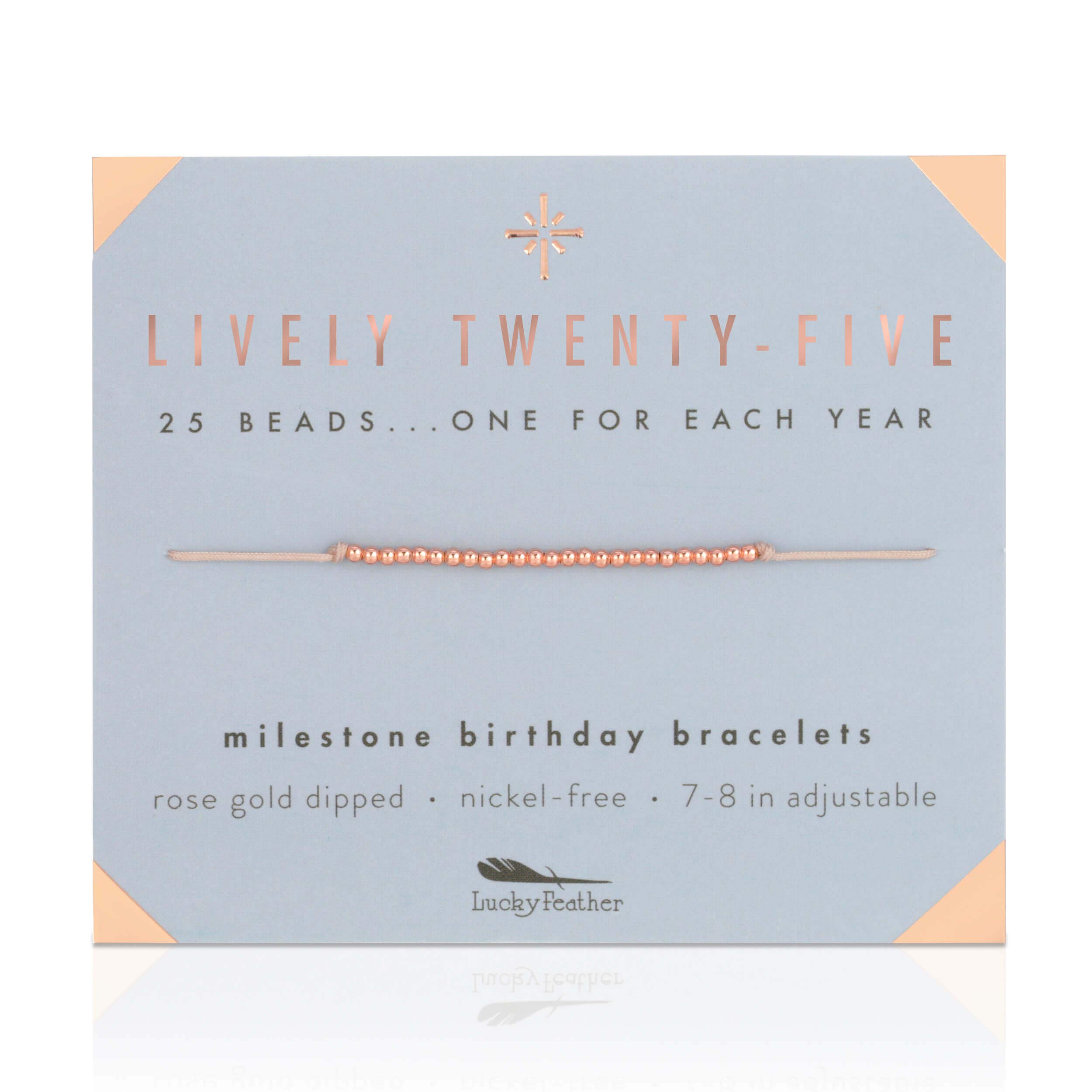 Lucky Feather Happy 25th Birthday Gifts For Women - 14K Rose Gold Dipped Beads Bracelet on Adjustable 7”- 8” Cord - Turning 25 Birthday Gifts For Her