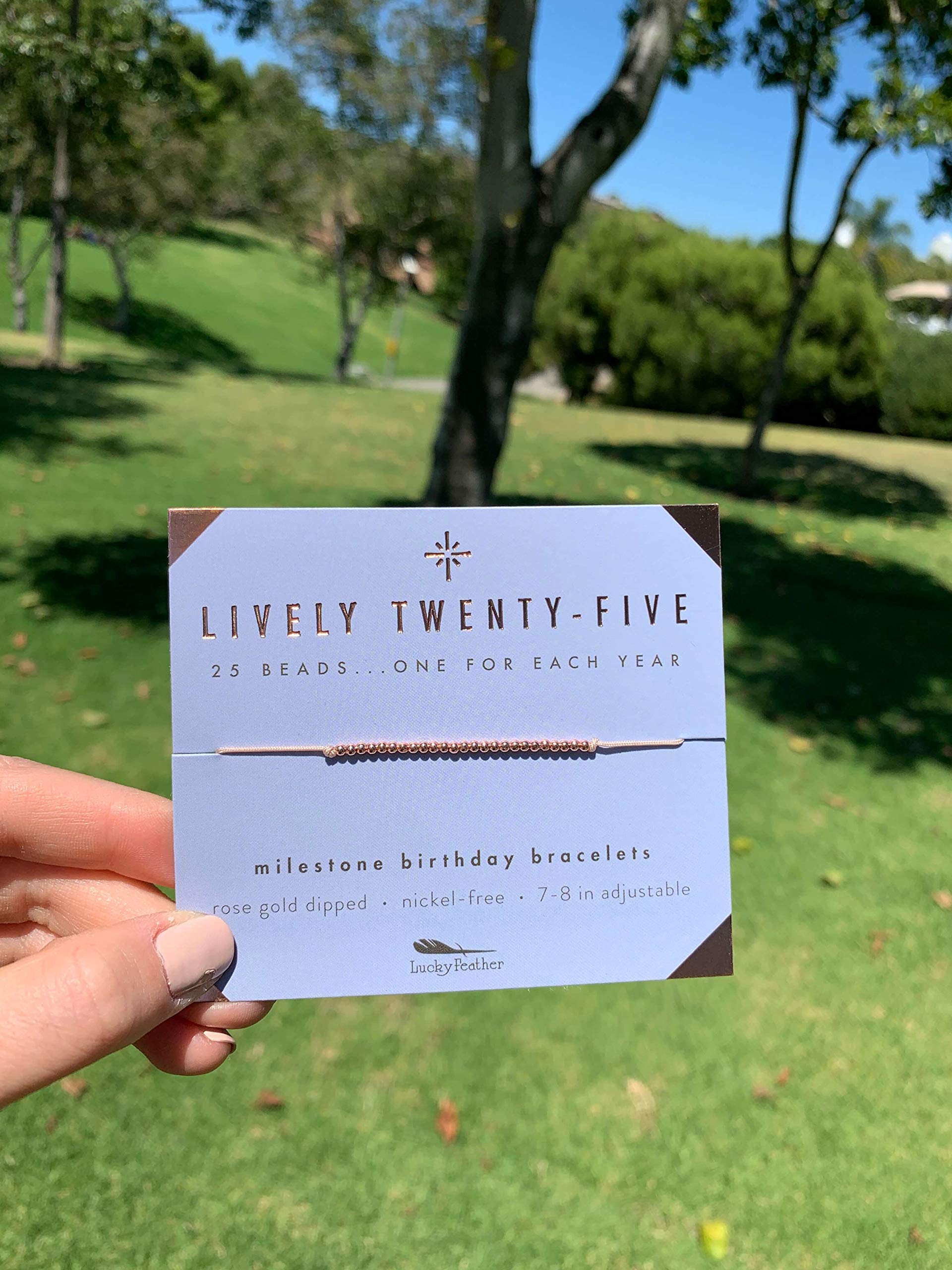 Lucky Feather Happy 25th Birthday Gifts For Women - 14K Rose Gold Dipped Beads Bracelet on Adjustable 7”- 8” Cord - Turning 25 Birthday Gifts For Her