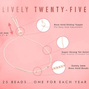 Lucky Feather Happy 25th Birthday Gifts For Women - 14K Rose Gold Dipped Beads Bracelet on Adjustable 7”- 8” Cord - Turning 25 Birthday Gifts For Her