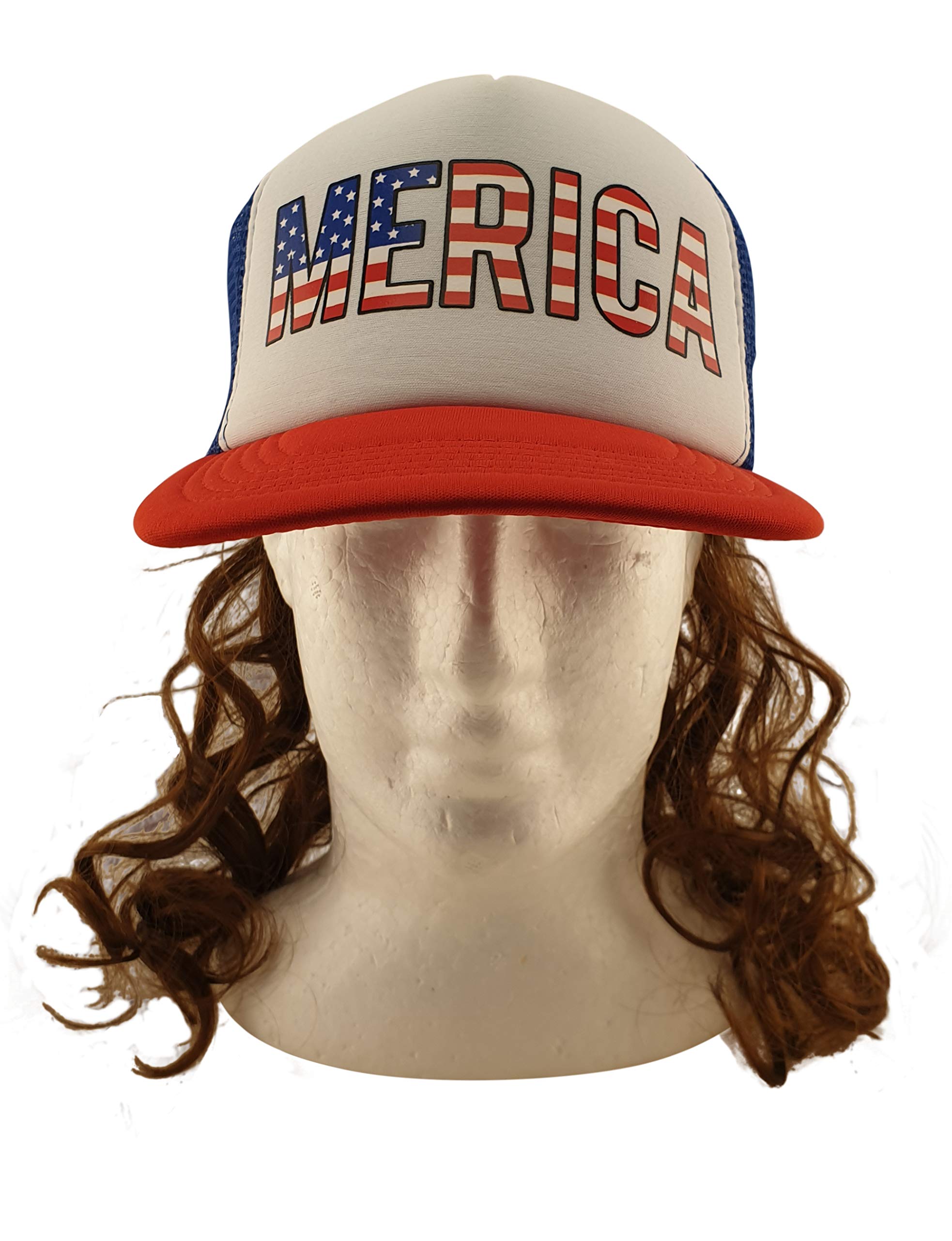 HandinHandCreations USA Mullet Hat Brown Wig Merica Redneck 4th of July All American Costume One Size Fits All - Cotton Hat