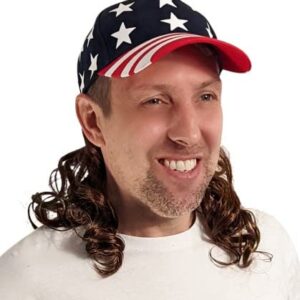 HandinHandCreations USA Stars and Stripes Brown King Mullet Hat Wig Merica 4th of July Hillbilly American Costume