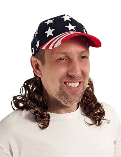 HandinHandCreations USA Stars and Stripes Brown King Mullet Hat Wig Merica 4th of July Hillbilly American Costume