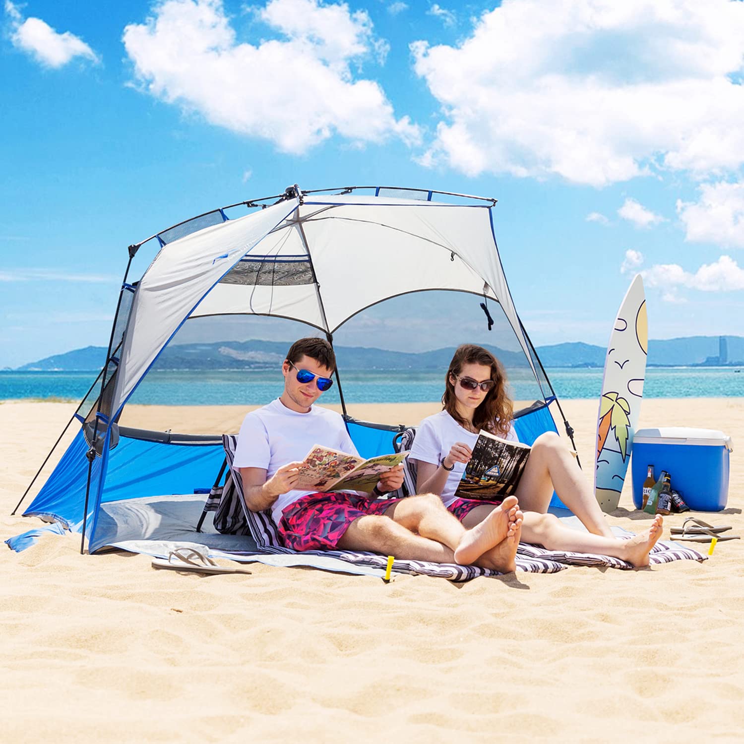 Beach Tent Sun Shelter Pop Up, X-Large 4-5 Person Portable Beach Shade with UPF 50+ Protection,Beach Canopy Umbrellas Windproof & Water-resistant for outdoor-with Sandpockets, stakes andExtended Porch