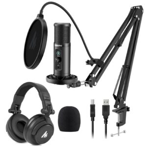 maono usb microphone with studio monitor headphones bundle plug and play for podcast, youtube, music, pm422, mh601