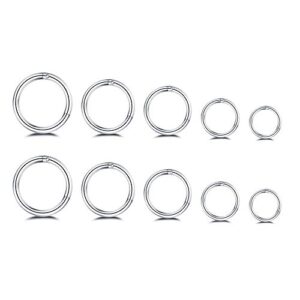 5pairs surgical stainless steel 16g sleeper cartilage daith tiny small hoop earrings mini septum hinged clicker nose ring helix tragus piercings unisex fashion huggie hoops set 6-14mm (silver)