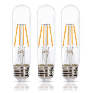 simba lighting led t10 tubular edison filament light bulbs (3 pack) 4w dimmable 40w equivalent 120v for cabinet display, piano lamps, clear glass decorative, standard medium e26 base, warm white 2700k