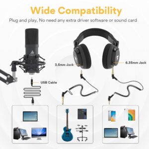 MAONO AU-A04 USB Microphone with AU-MH601 Studio Monitor Headphones Bundle Streaming Podcasting Pack Plug and Play for Computer, YouTube, Music