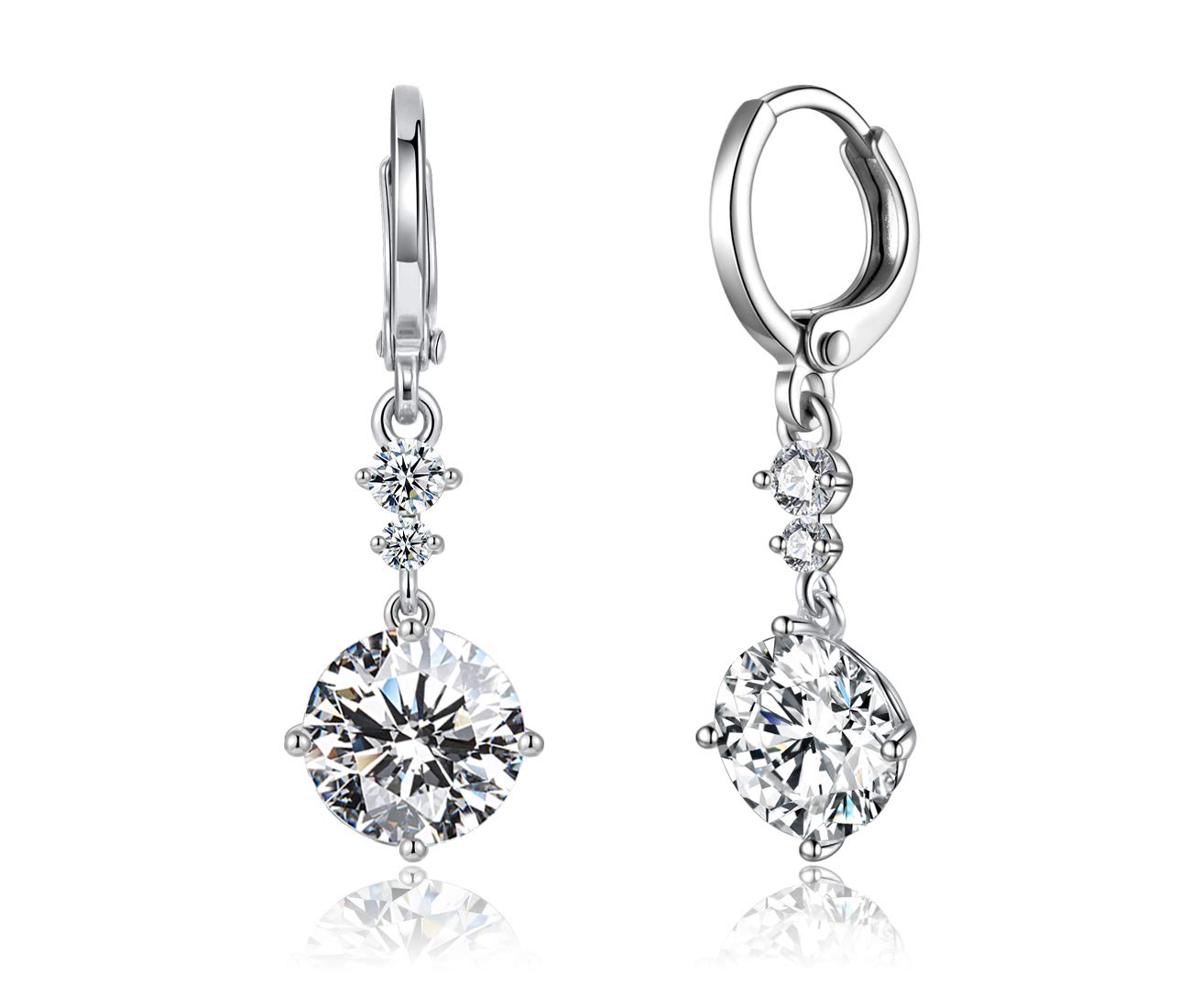 Drop Dangle Earrings Leverback 9MM 2.75ct and 2pcs Small CZ Cubic Zirconia Design 15K White Gold Plated with Hypoallergenic Hoops Gorgeous Gift for Women