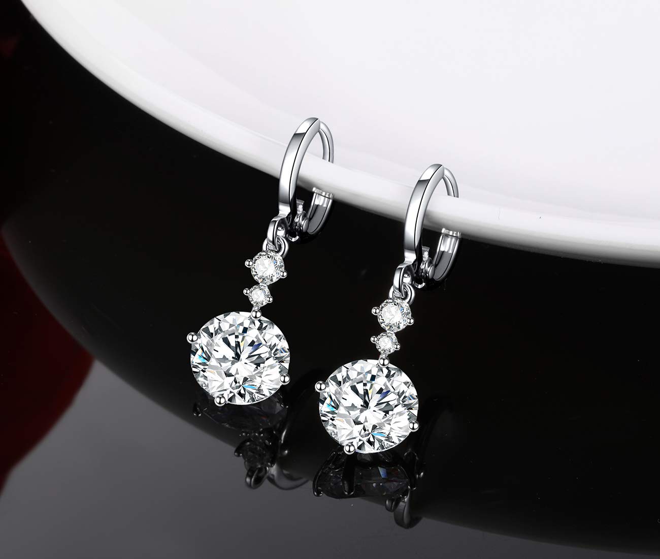 Drop Dangle Earrings Leverback 9MM 2.75ct and 2pcs Small CZ Cubic Zirconia Design 15K White Gold Plated with Hypoallergenic Hoops Gorgeous Gift for Women