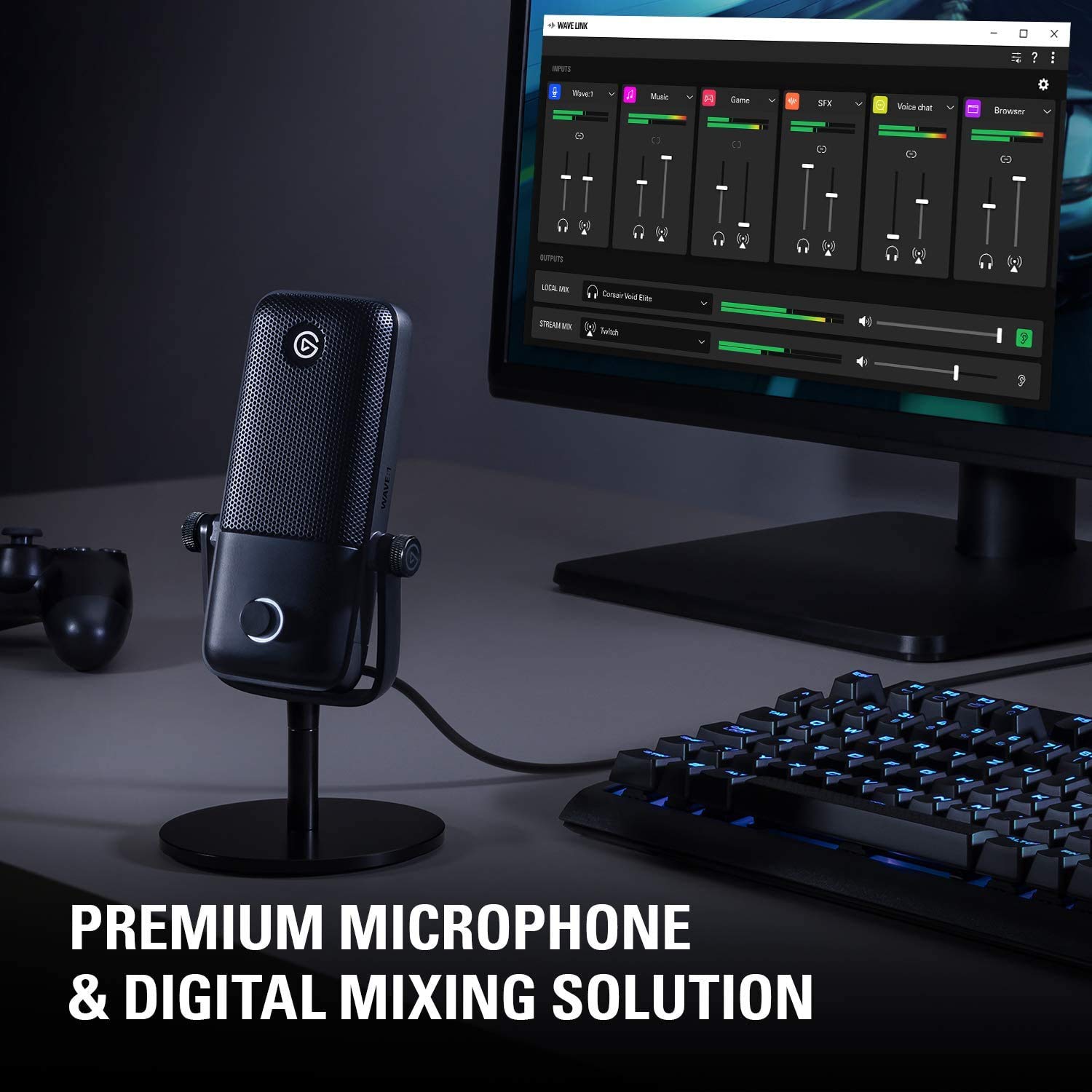 Elgato Wave:1 - Premium Cardioid USB Condenser Microphone for Streaming, Gaming, Home Office, Free Mixer Software, Sound Effect Plugins, Anti-Distortion, Plug & Play, Mac/PC, Stream Deck compatible