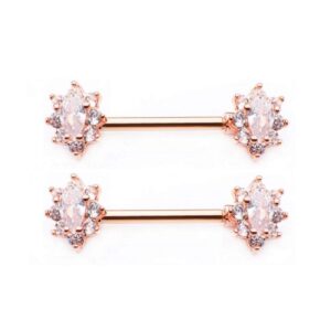 pierced owl 14g stainless steel cz crystal oval flower cluster nipple barbells, sold as a pair (rose gold tone)