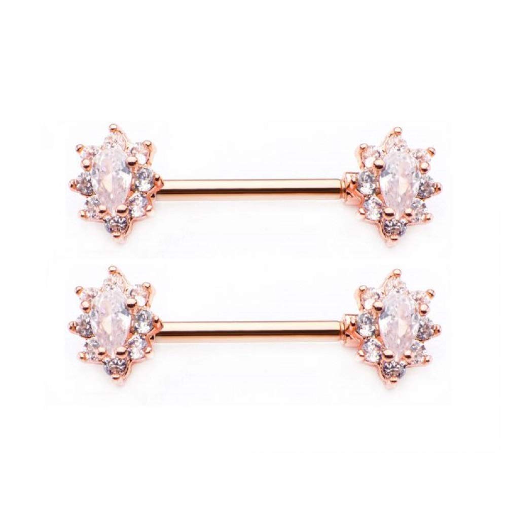 Pierced Owl 14G Stainless Steel CZ Crystal Oval Flower Cluster Nipple Barbells, Sold as a Pair (Rose Gold Tone)