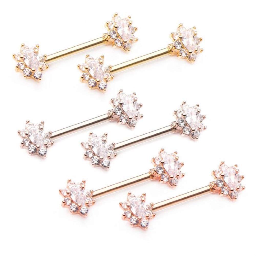 Pierced Owl 14G Stainless Steel CZ Crystal Oval Flower Cluster Nipple Barbells, Sold as a Pair (Rose Gold Tone)